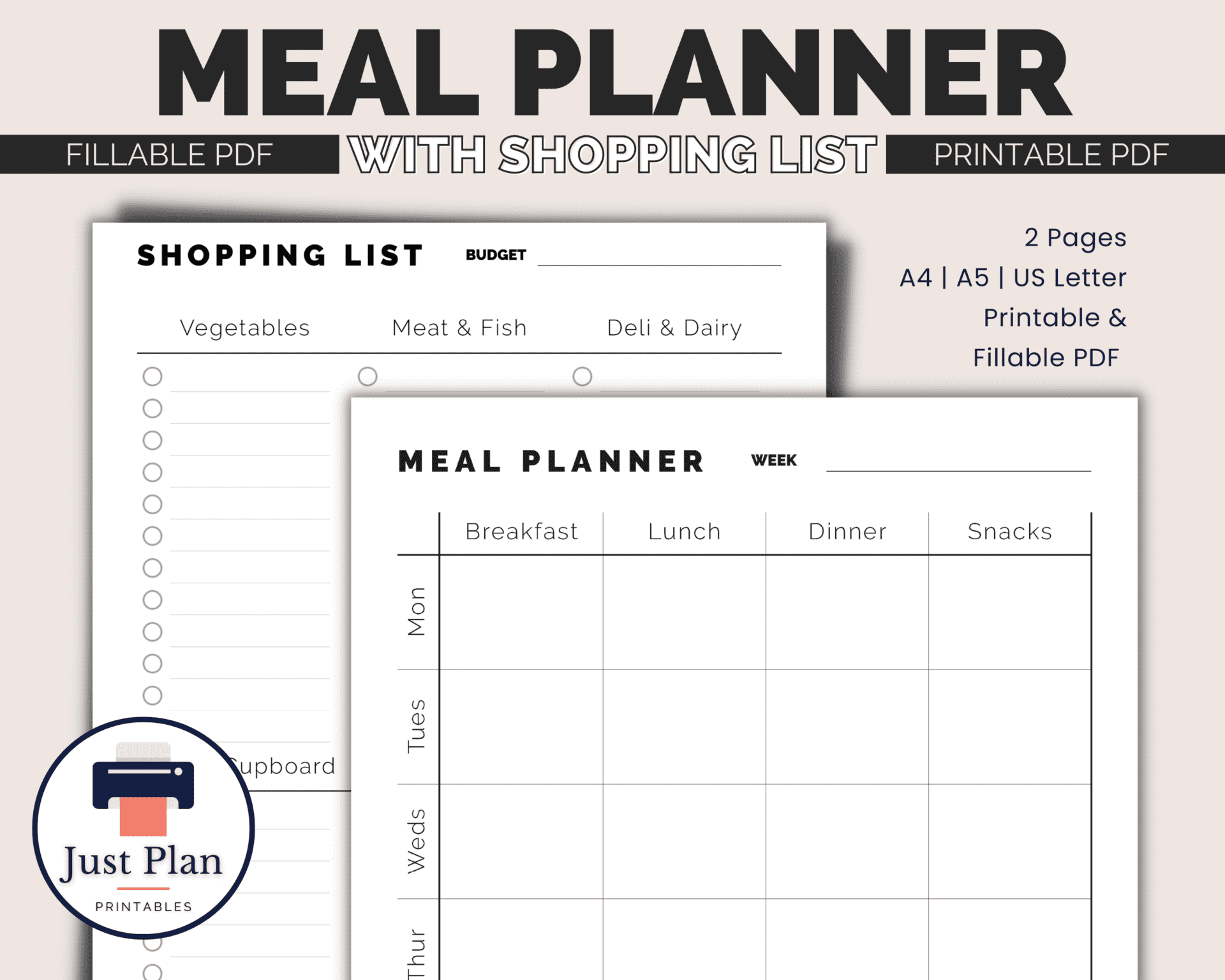 Printable Weekly Meal Planner Template with Snacks | Just Plan Books